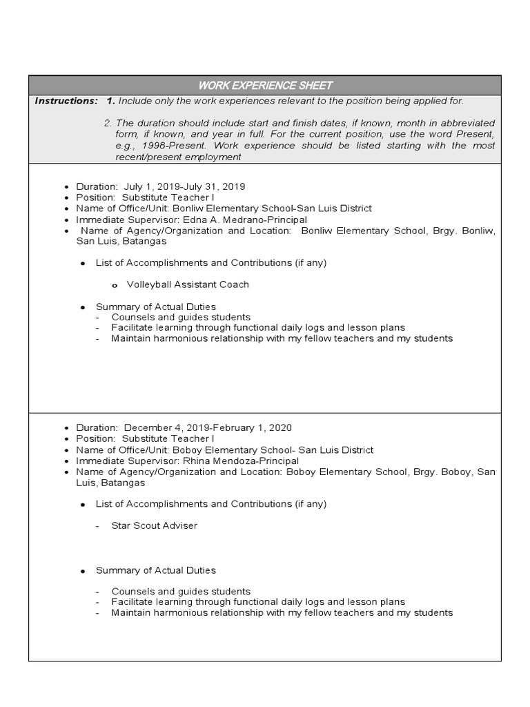 Work Experience Sheet: Instructions: 1. Include Only The Work ...