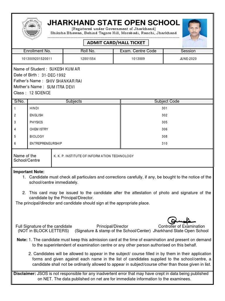 Jharkhand State Open School: Admit Card/Hall Ticket | PDF | Educational ...