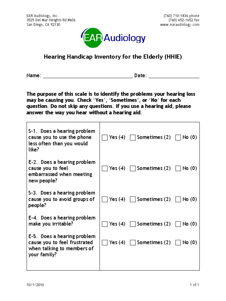 Hearing Handicap Inventory For The Elderly (HHIE) | PDF | Audiology | Cognitive Science