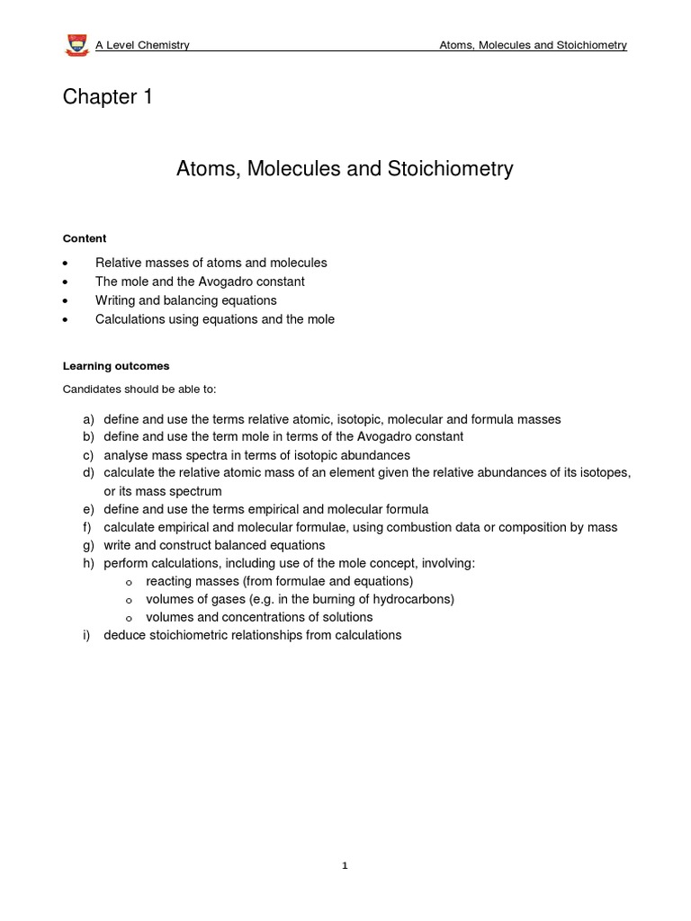 A Level Chemistry: Atoms & Stoichiometry | PDF | Mole (Unit ...