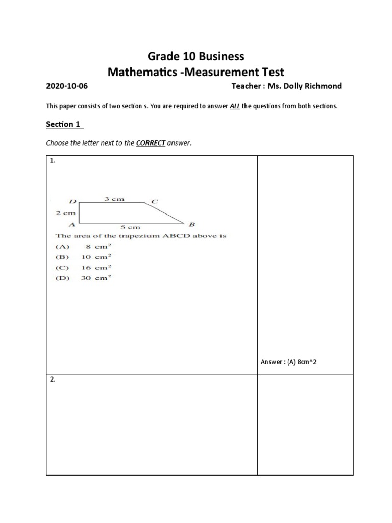 Grade 10 Business Math Measurement Test | PDF | Area | Metrology