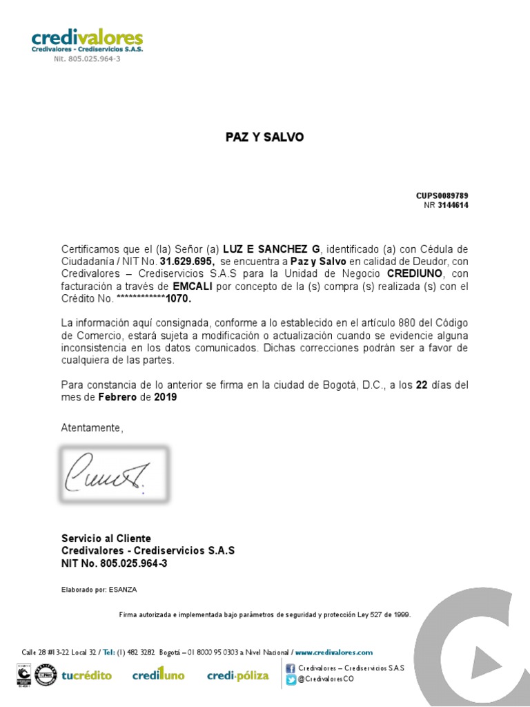 Paz y Salvo Credi Uno | PDF