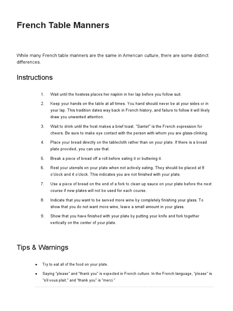 French Table Manners | PDF | Food And Drink | Eating Behaviors Of Humans