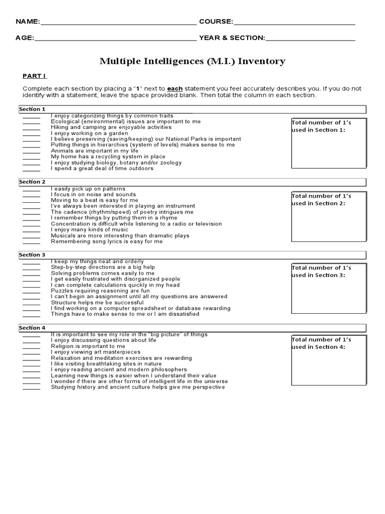 Multiple Intelligences (M.I.) Inventory: Name: Course: Age: Year ...
