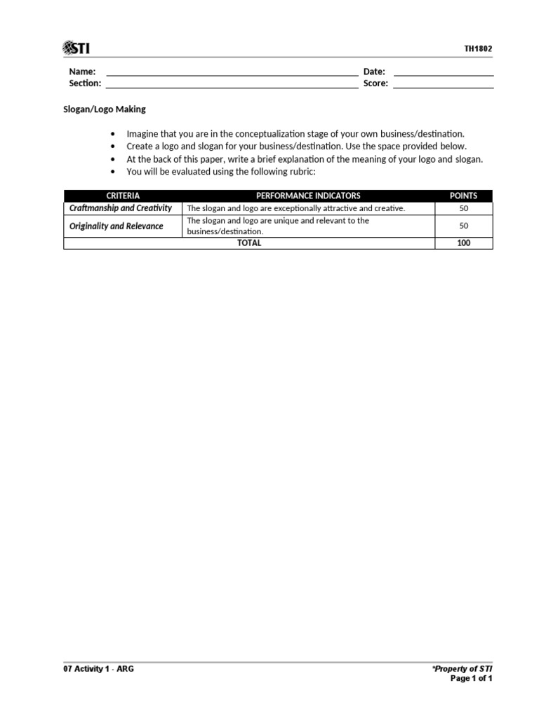 Name: Date: Section: Score: Slogan/Logo Making: Criteria Performance ...