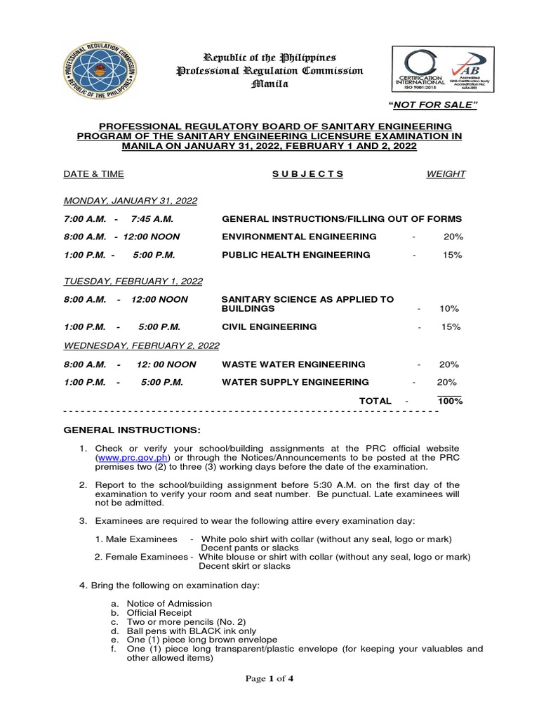 Sanitary Engineer Board Exam January-February 2022 Program | PDF | Test ...