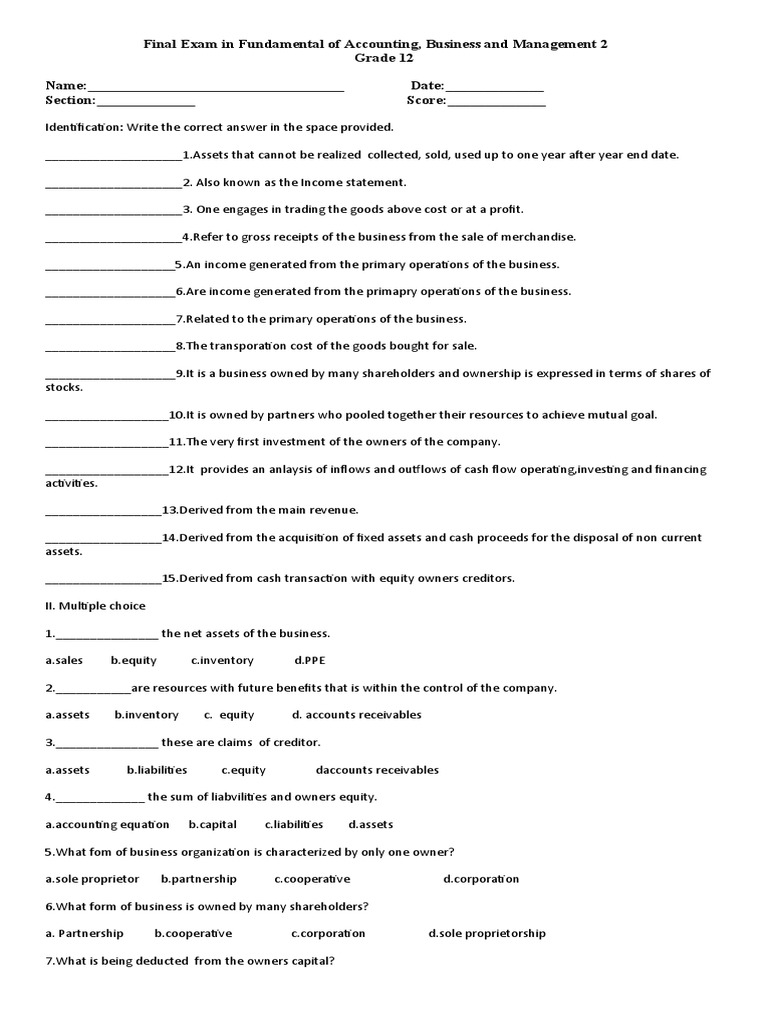 Final Exam in Fundamental of Accounting, Business and Management 2 ...