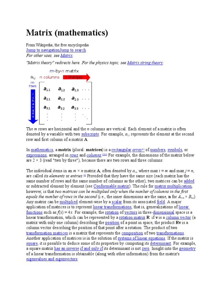 Matrix (Mathematics) : For Other Uses, See - "Matrix Theory" Redirects Here. For The Physics ...