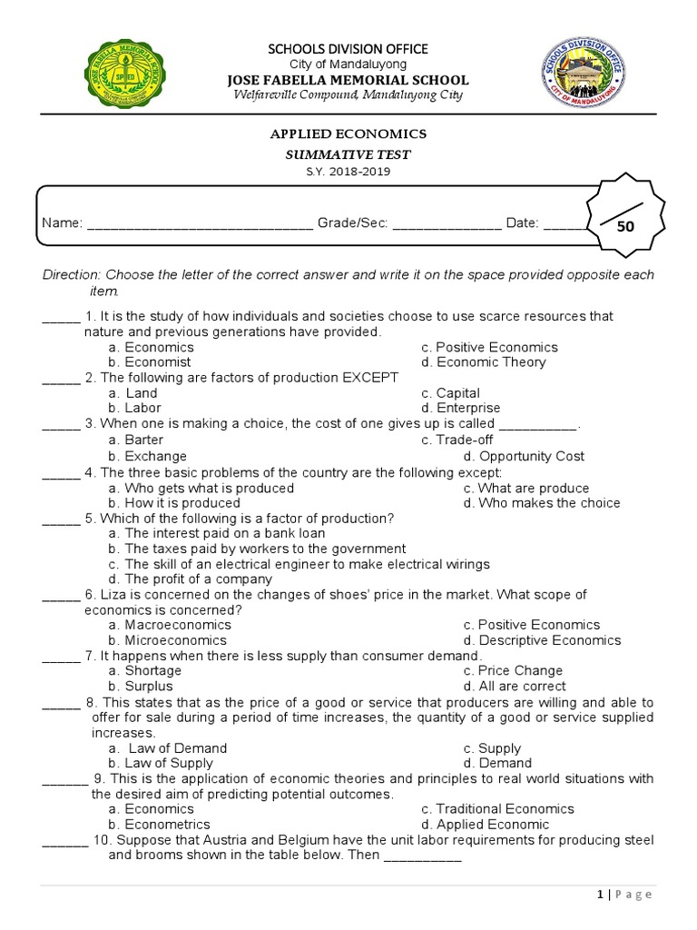 Applied Economics - Summative Test | PDF | Economics | Market Economy