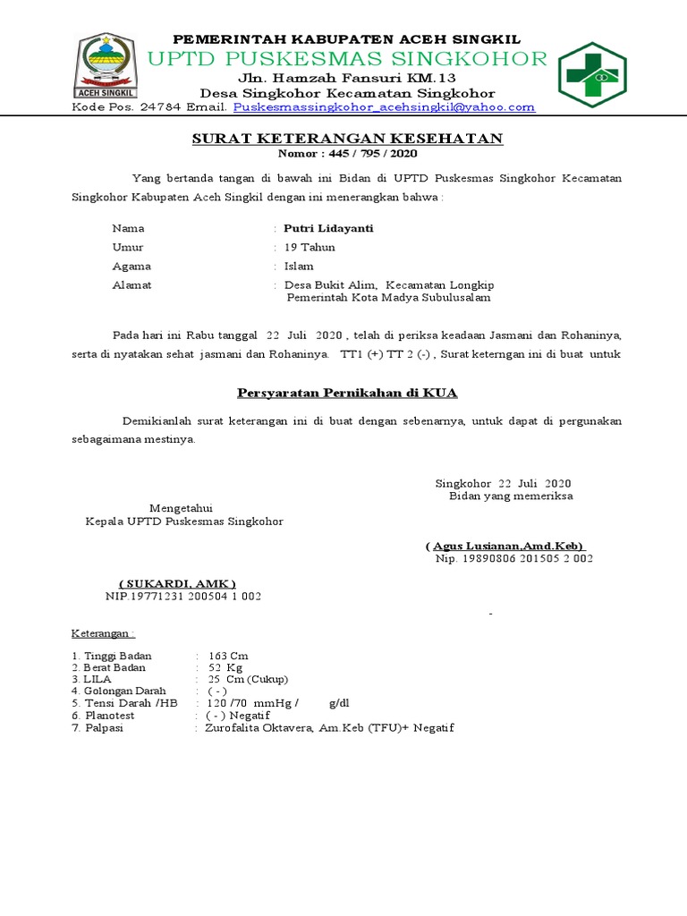 Surat Keterangan Sehat Catin Puskesmas | PDF | Gaya Hidup