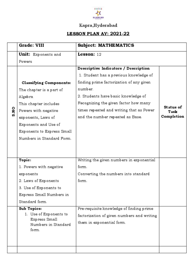 LESSON PLAN AY: 2021-22 Grade: VIII Subject: MATHEMATICS Unit: Lesson ...