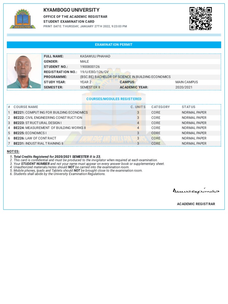 Kyambogo University: Examinat Ion Permit | PDF | Technology & Engineering