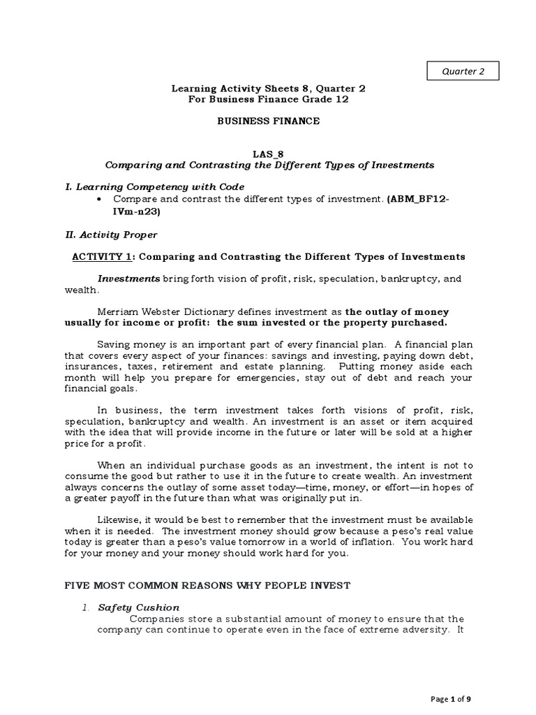 Learning Activity Sheets 8, Quarter 2 For Business Finance Grade 12 ...