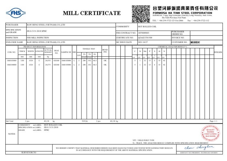 Mill Certificate: 2 2 2 3 3 3 4 N/mm2 N/mm2 % x10 x10 x10 x10 x10 x10 ...