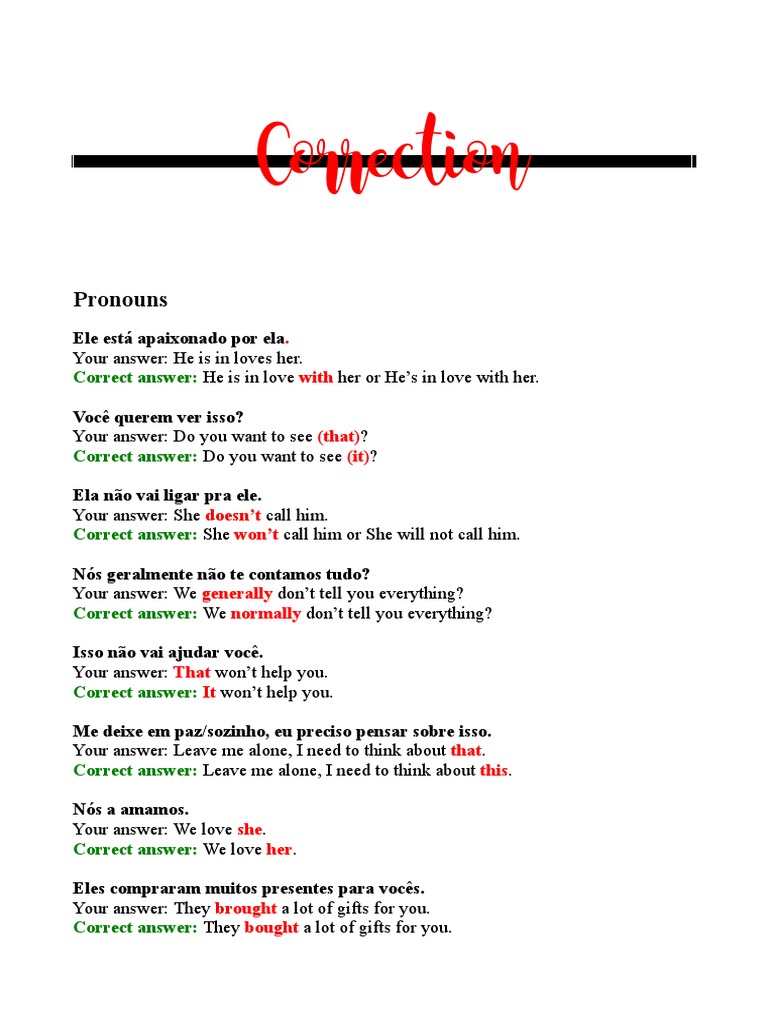 Pronouns, Reflexive Pronouns, Possessive Pronouns - Correction. | PDF