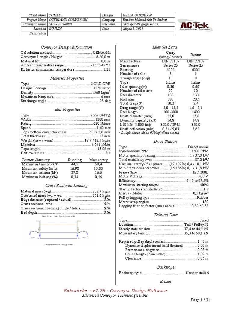 Conveyor Design Information Idler Set Data: Tension Summary | Download ...