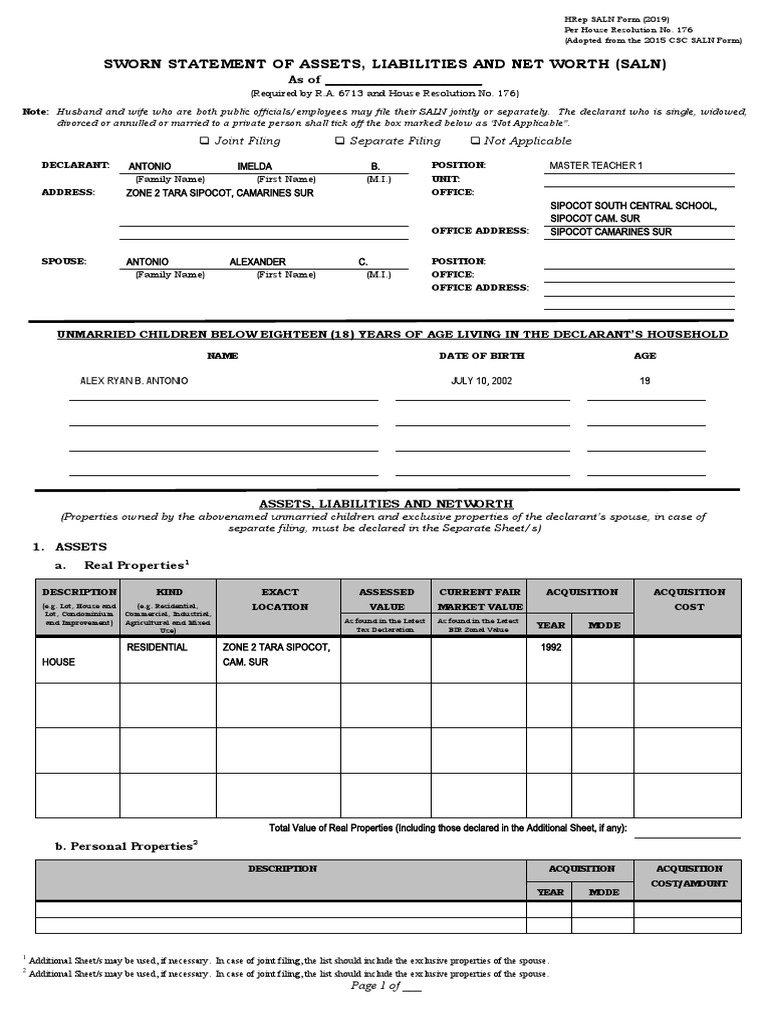 Sworn Statement of Assets, Liabilities and Net Worth (Saln) : Joint ...