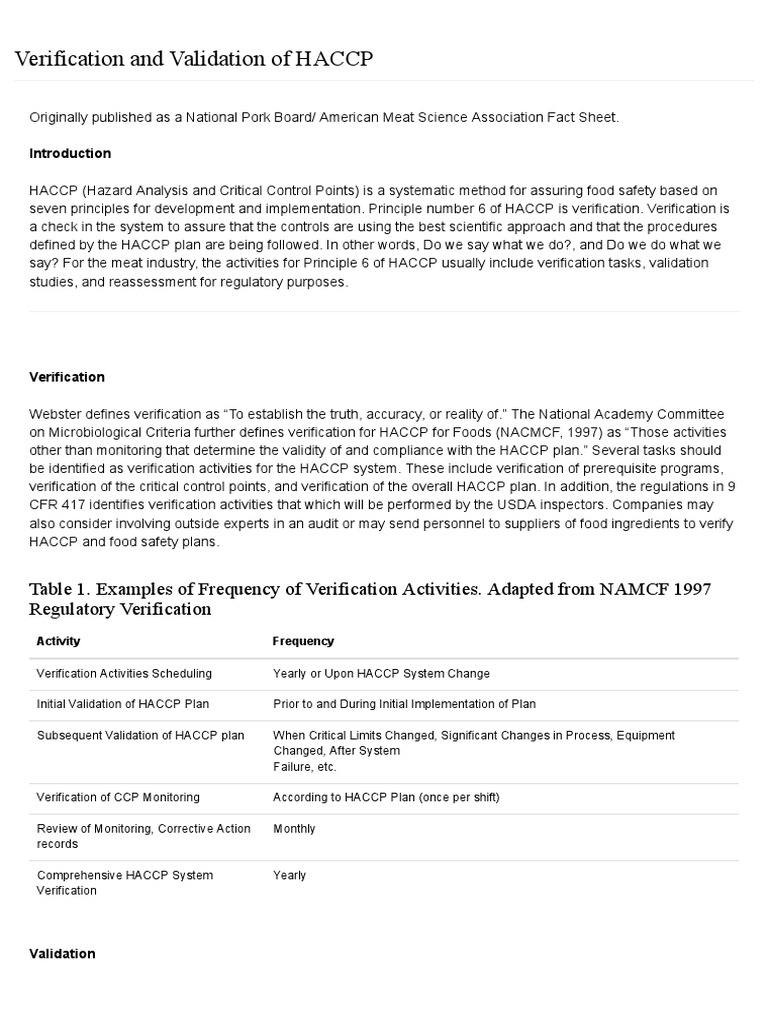 Verification and Validation of HACCP - Pork Information Gateway | PDF ...