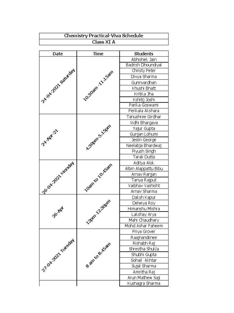 Chemistry Practical-Viva Schedule Class XI A: Date Time Students | PDF