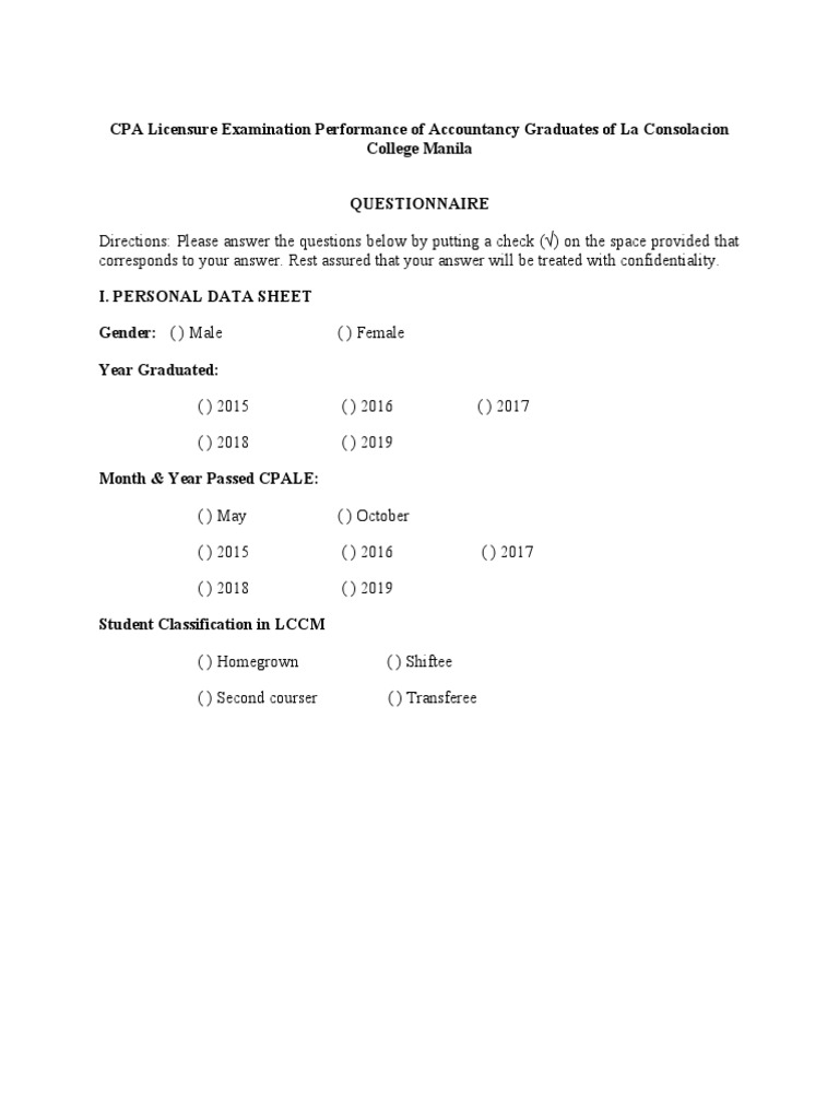 REVISED QUESTIONNAIRE CPA Licensure Examination Performance of ...