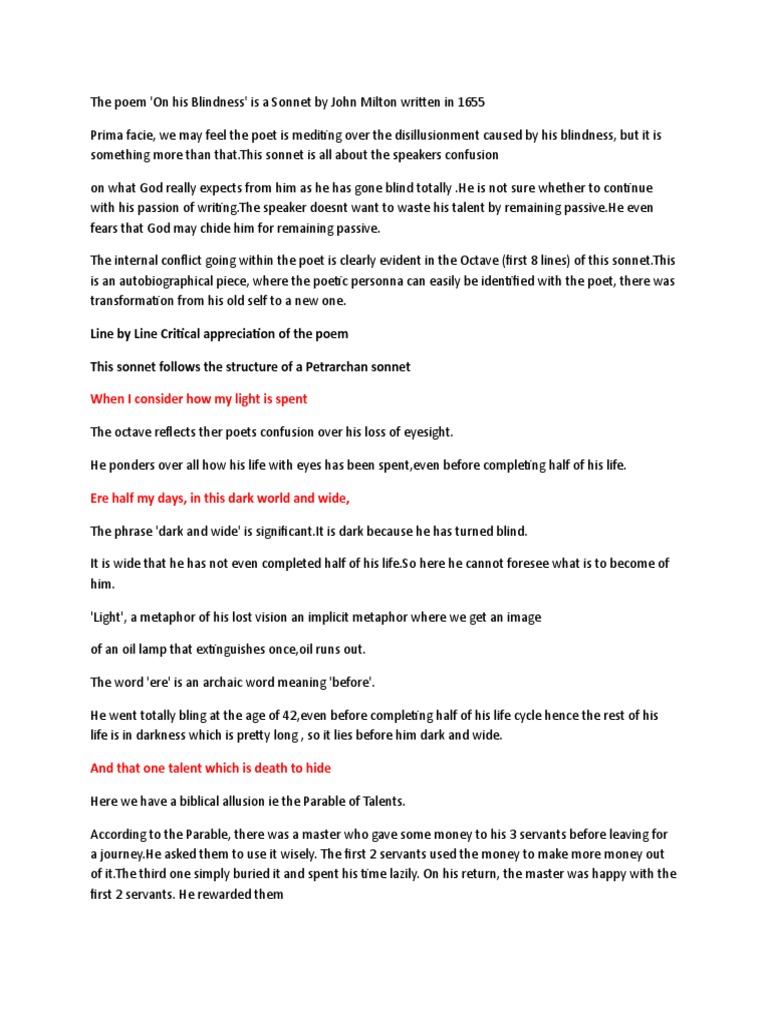 On His Blindness-JohnMilton | PDF | Sonnets