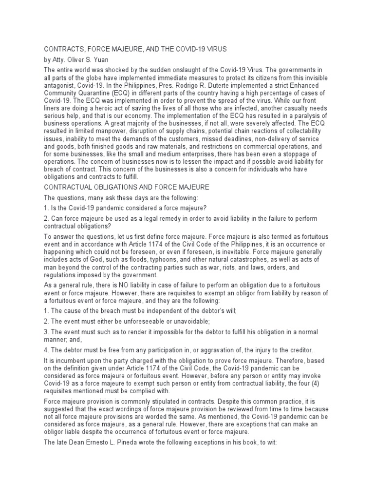 Force Majeure and COVID-19 Contracts | PDF | Law Of Obligations ...