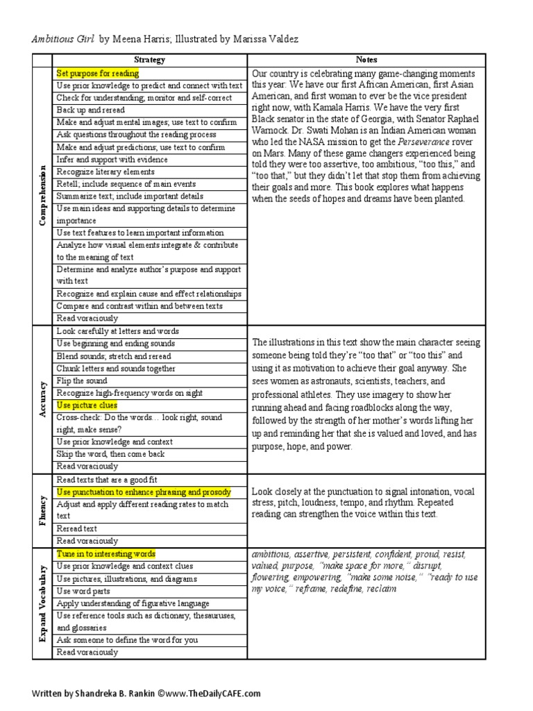Ambitious Girl Lit Lesson | PDF | Reading Comprehension | Linguistics