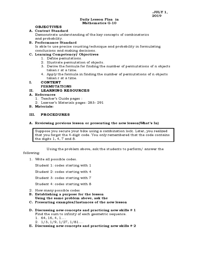 Lesson Plan in Permutation Pandemo Mam Glo | PDF | Permutation | Lesson ...