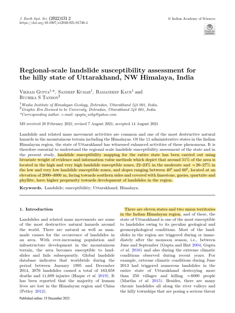 Regional-Scale Landslide Susceptibility Assessment For The Hilly State of Uttarakhand, NW ...