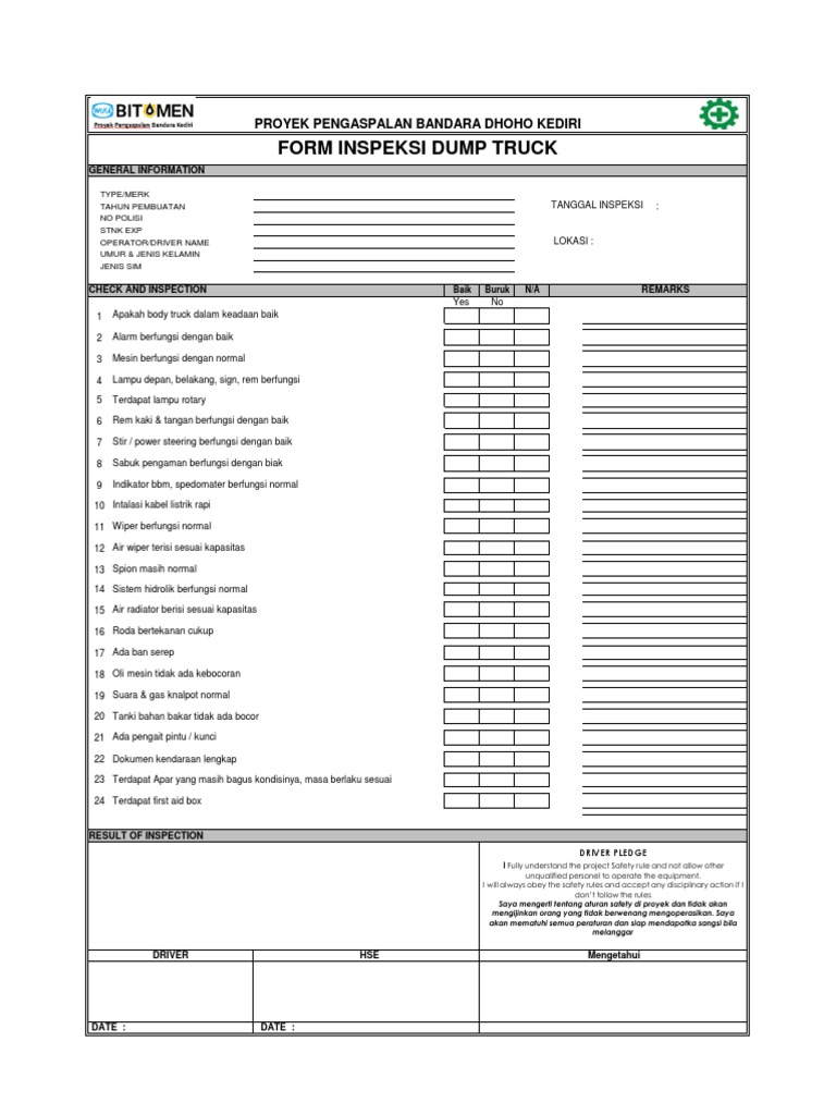 Form Inspeksi Kendaraan Dump Truck | PDF