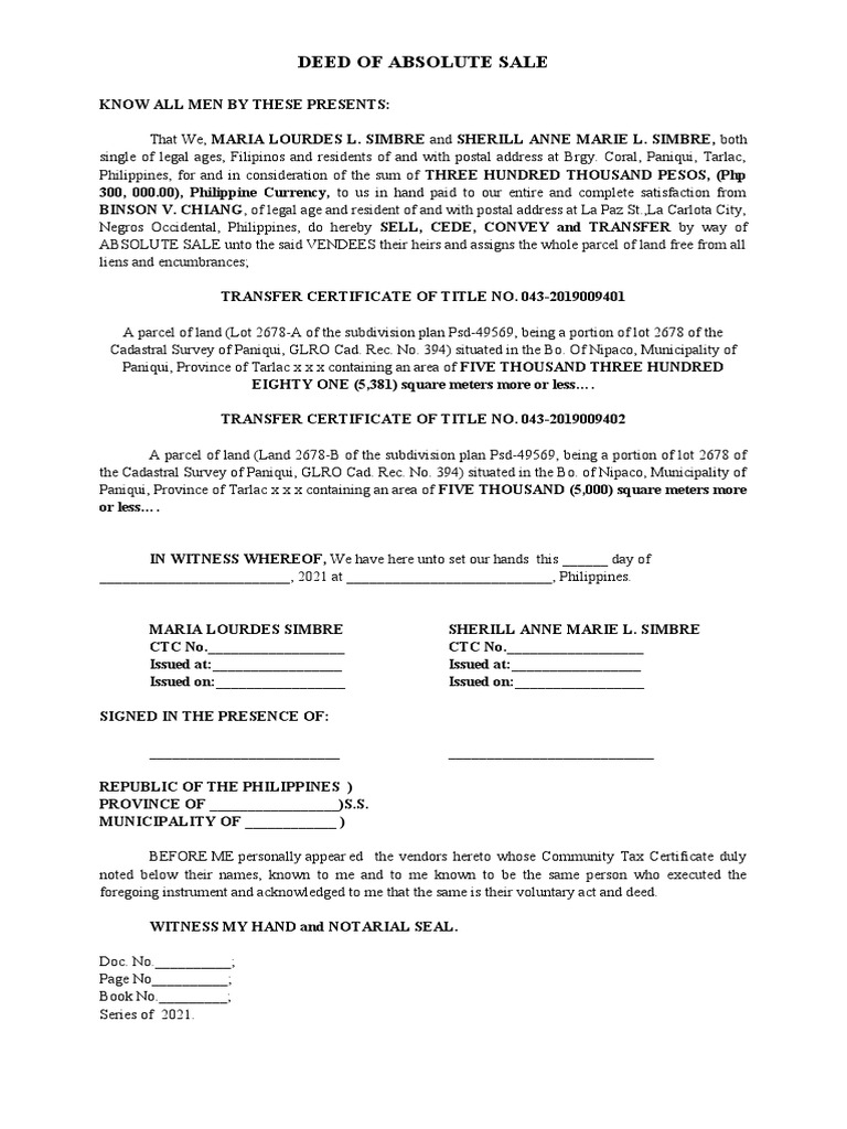 Deed of Absolute Sale | PDF | Environmental Law | Real Property Law