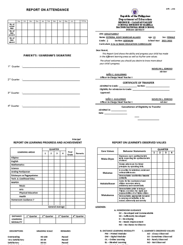 Report On Attendance: Republic of The Philippines | PDF | Learning ...