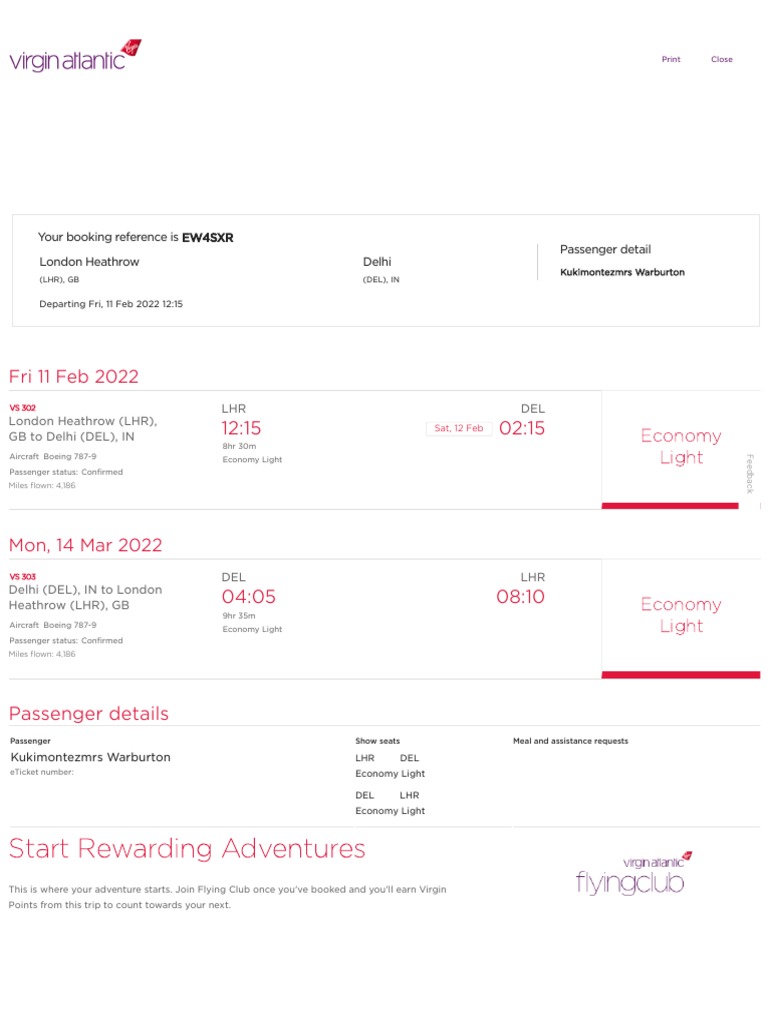 Print Booking - Virgin Atlantic | PDF | Airlines | Aeronautics