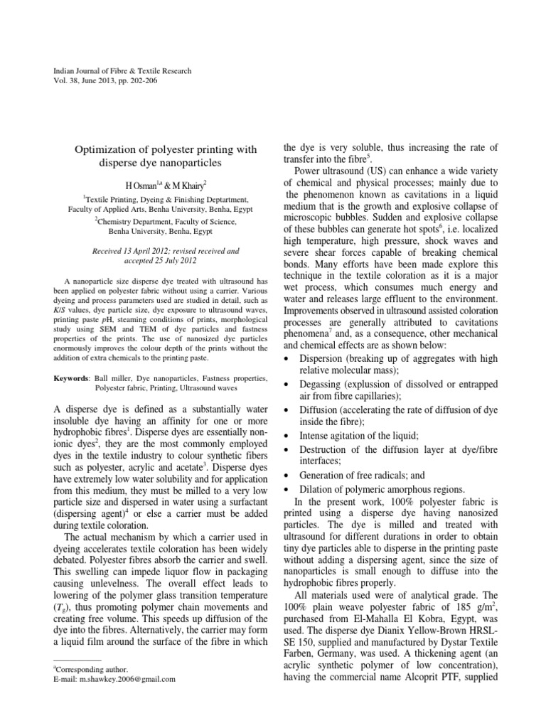 Optimization of Polyester Printing With Disperse Dye Nanoparticles | PDF | Dye | Nanoparticle