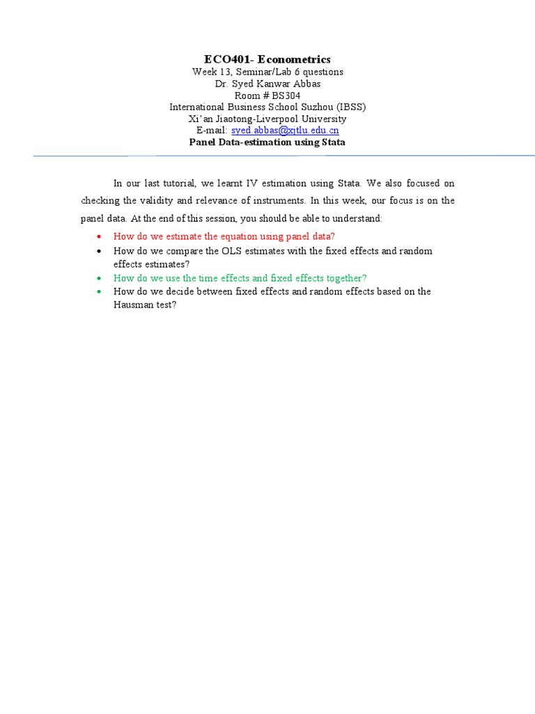 ECO401-Econometrics: Panel Data-Estimation Using Stata | PDF | Fixed Effects Model | Ordinary ...