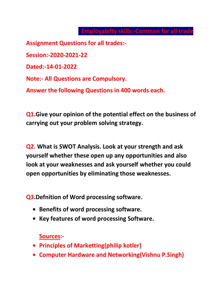 Employabilty Skills:-Common For All Trade Assignment Questions For All ...