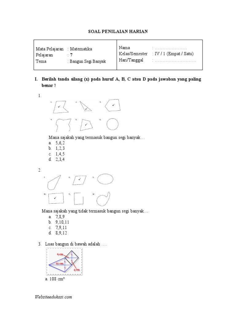 Soal PH MTK Kelas 4 Bangun Segi Banyak | PDF