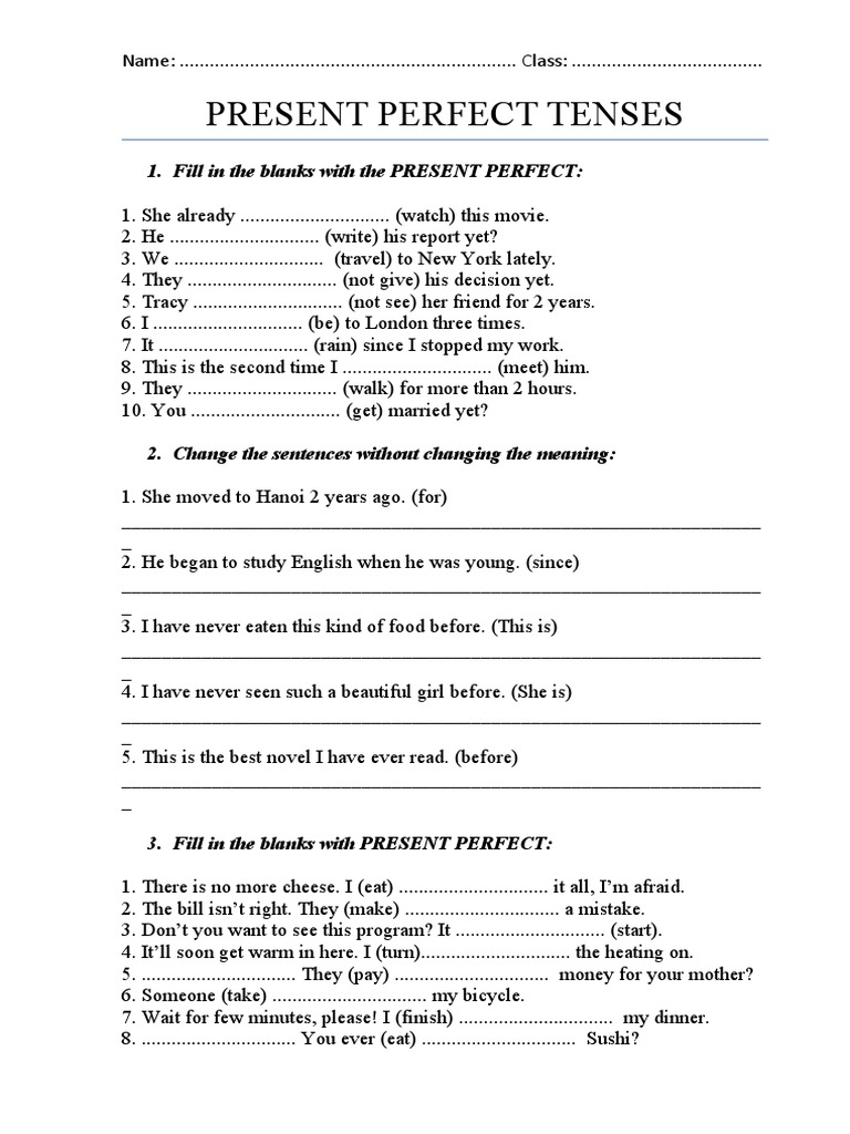 Present Perfect Tenses Worksheets