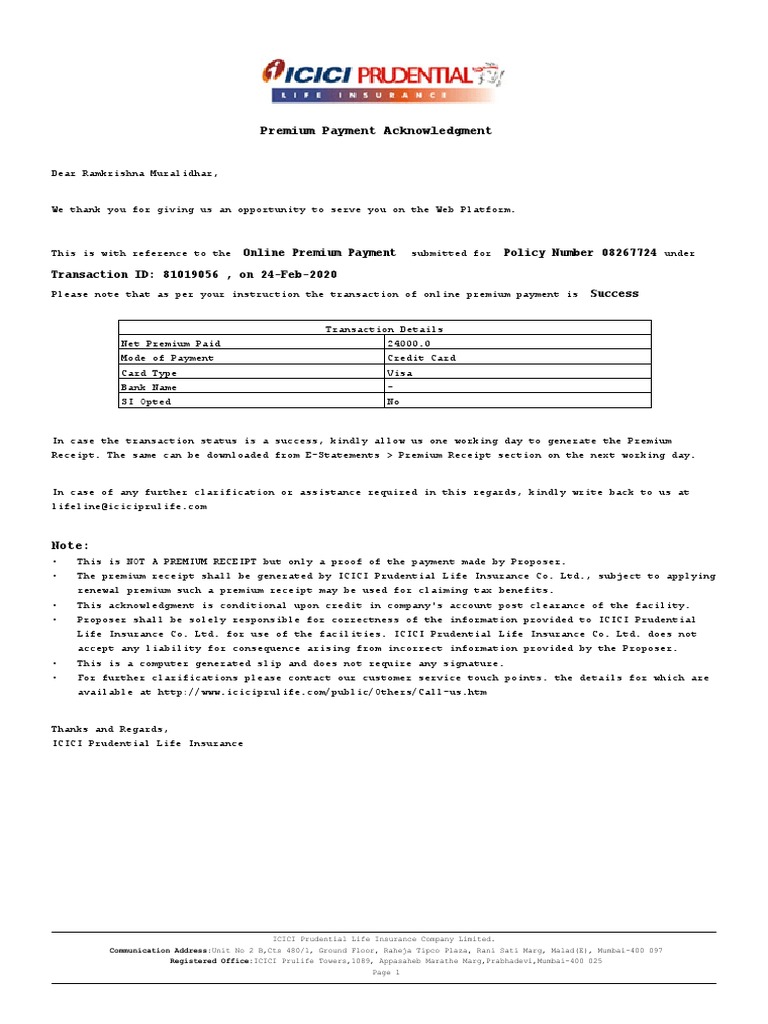 Payment Confirmation Notice | PDF | Insurance | Life Insurance