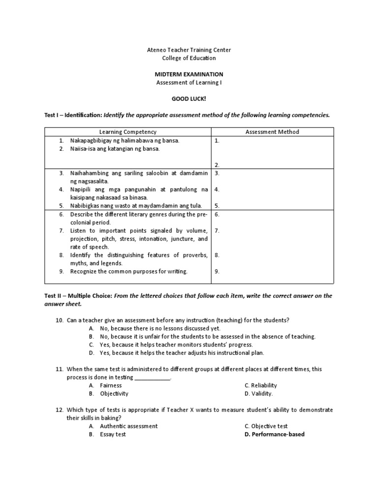 Midterm Online SLP Assessment | PDF | Educational Assessment | Test ...