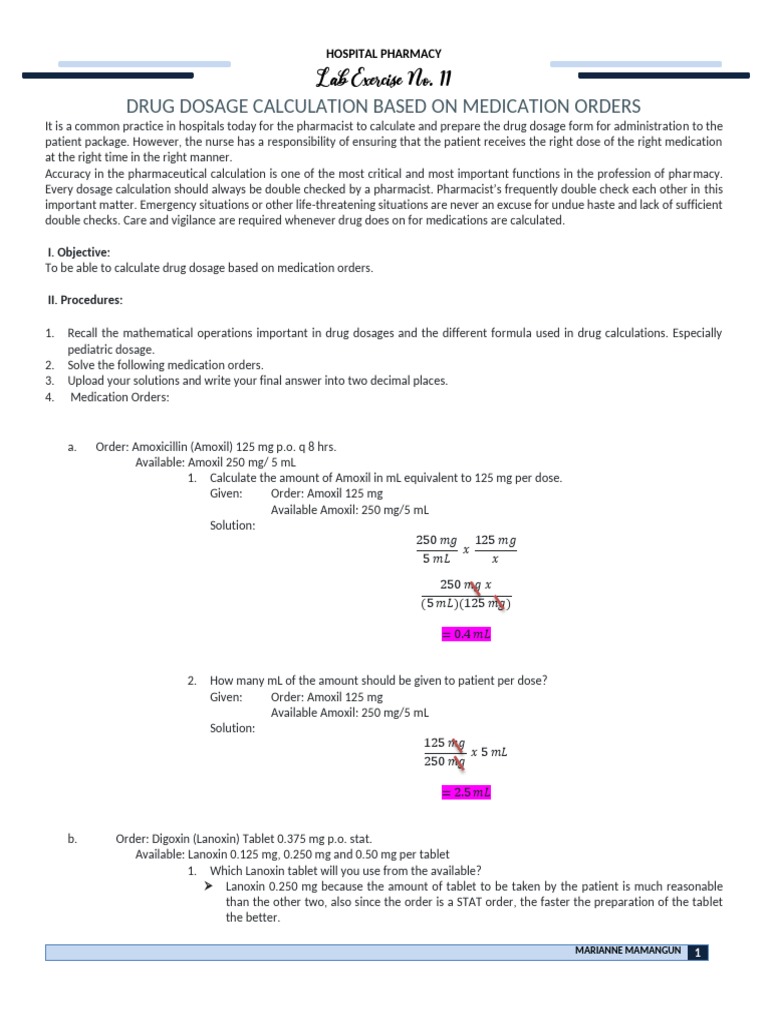 Lab Exercise No. 11: Drug Dosage Calculation Based On Medication Orders ...
