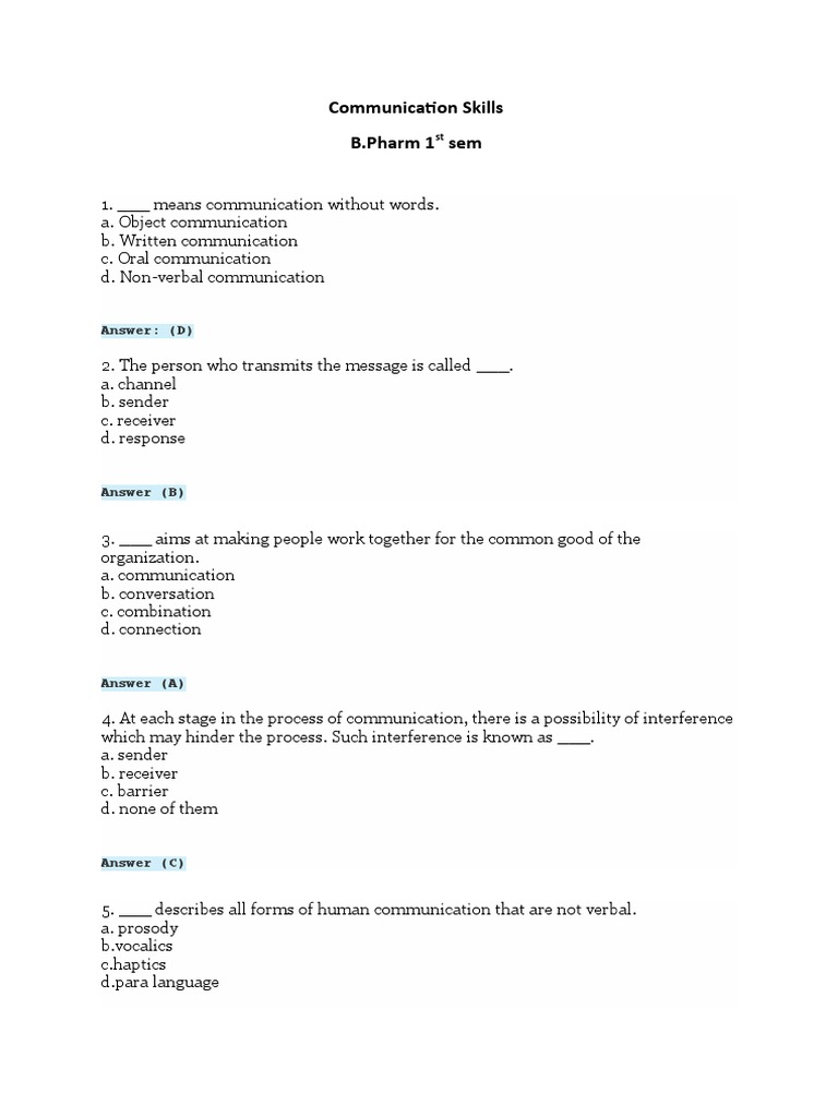 Communication Skills B.Pharm 1 Sem: Answer: (D) | PDF | Communication ...