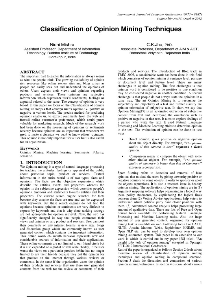 Classification of Opinion Mining Techniques: Nidhi Mishra C.K.Jha | PDF ...
