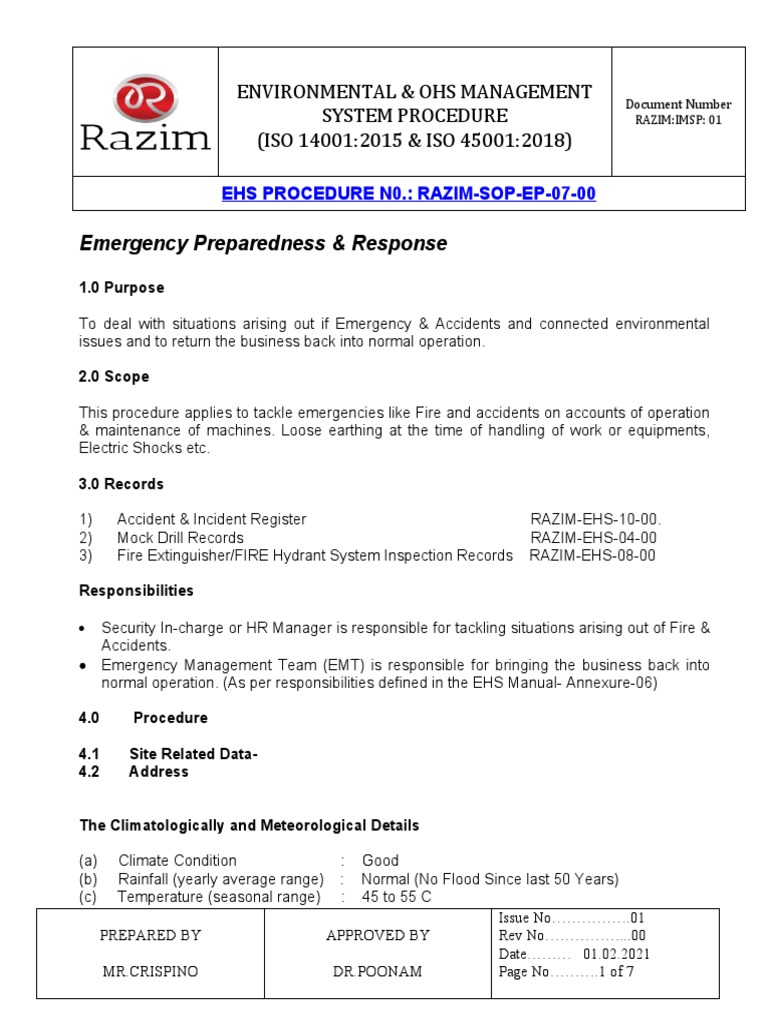 Emergency Preparedness & Response: Environmental & Ohs Management ...