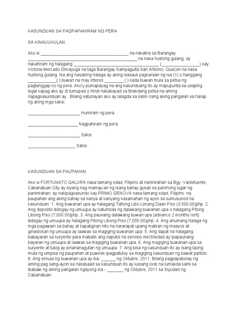 Kasunduan Sa Pagpapahiram NG Pera | PDF
