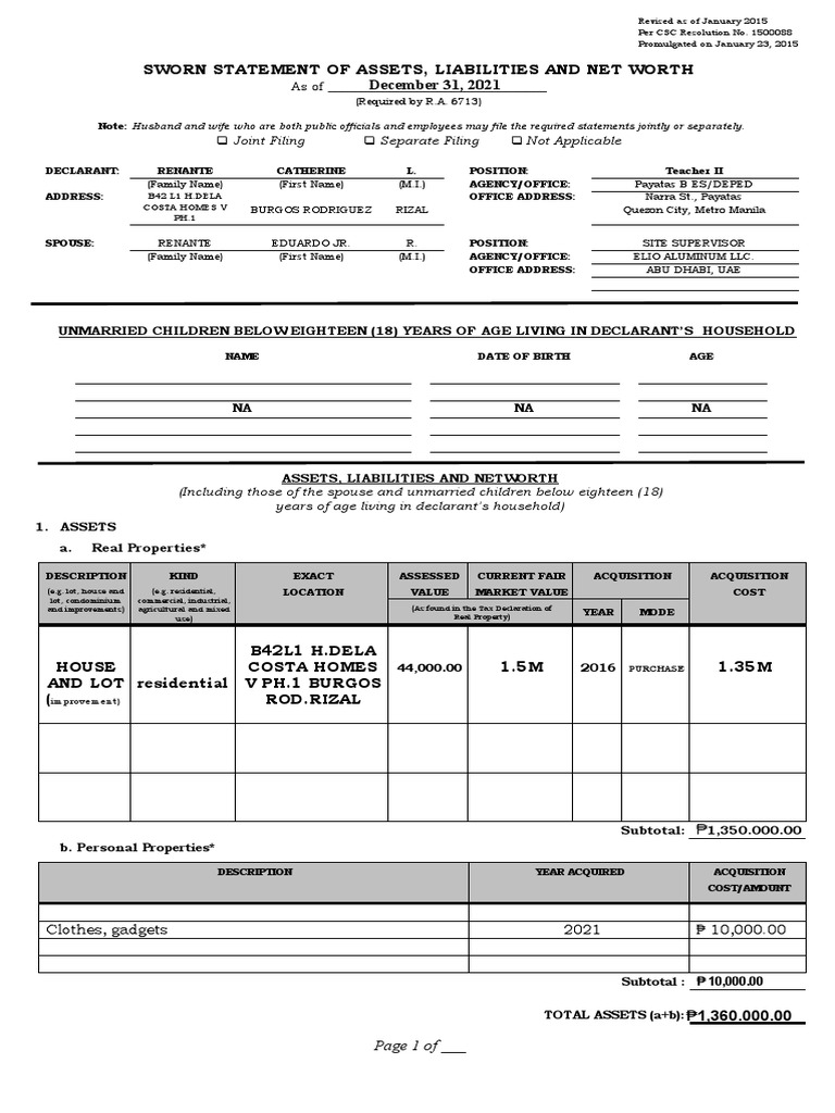 Sworn Statement of Assets, Liabilities and Net Worth December 31, 2021 ...
