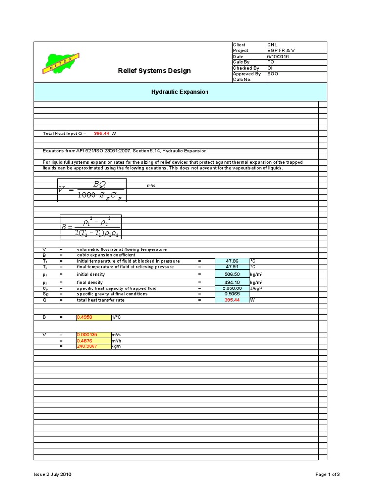 Calculation of Relief Flow Rate and Sizing for Hydraulic Expansion in a ...