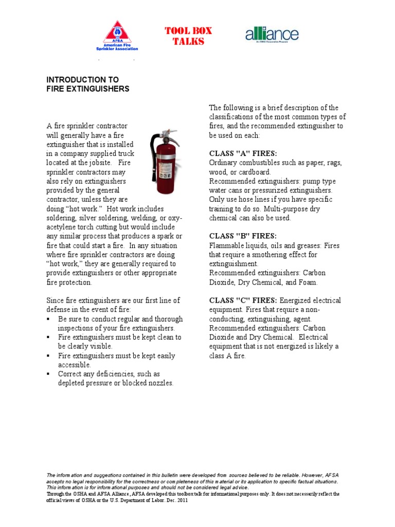 Tool Box Talks: Introduction To Fire Extinguishers | PDF | Fires ...