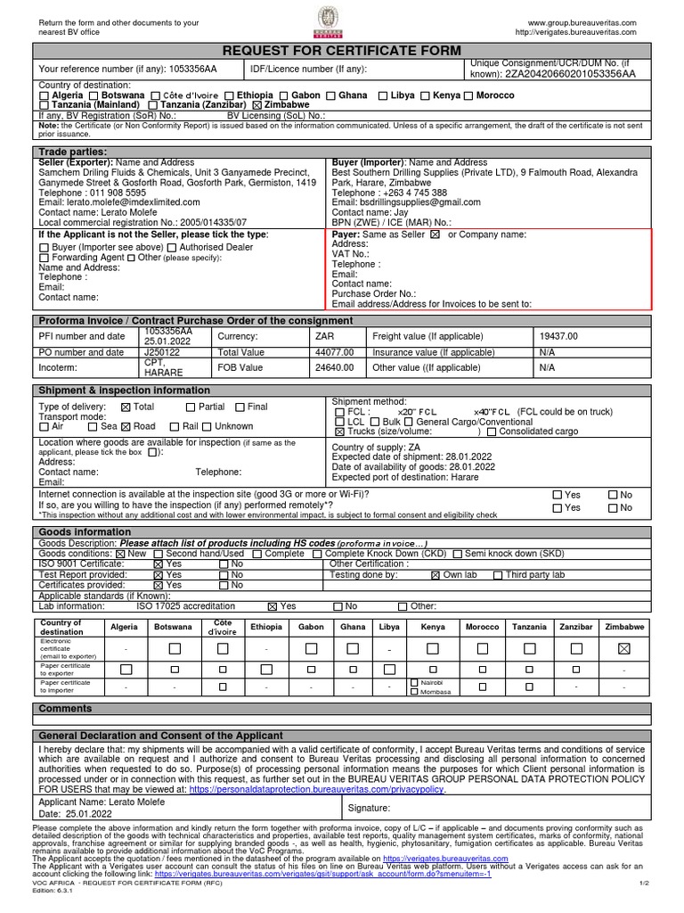 Voc Africa - Request For Certificate Form 6.3.1 | PDF | Cargo | Business
