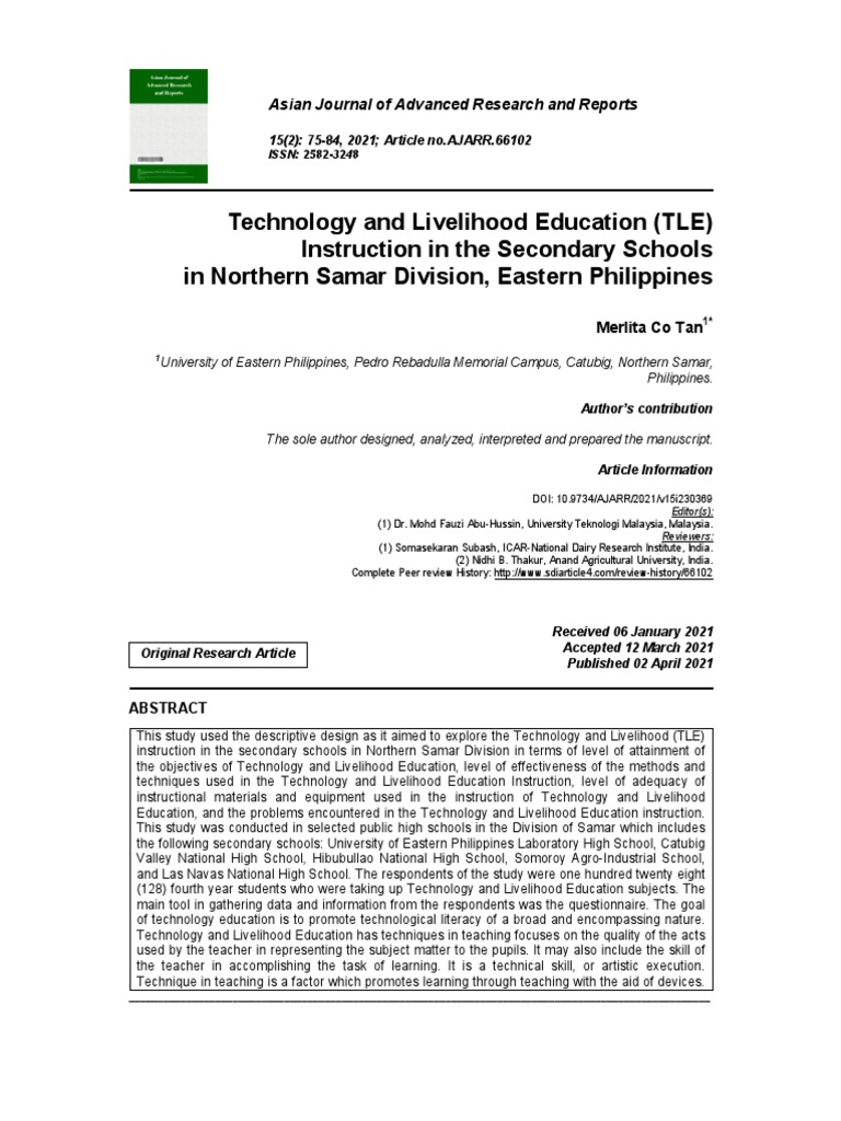 Technology and Livelihood Education (TLE) Instruction in The Secondary ...